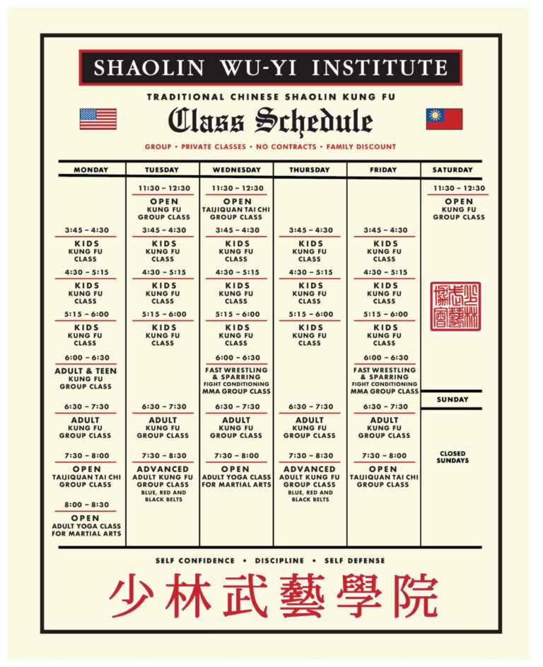 Schedule - Shaolin Wu-Yi Institite